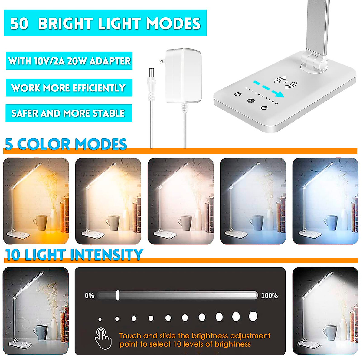 JOSTIC LED Desk Lamp with Wireless Charger, USB Charging Port, Desk Light with 10 Brightness, 5 Color Modes, Dimmable Eye Caring Reading Desk Lamps for Home Office, Touch Control, Auto Timer, White