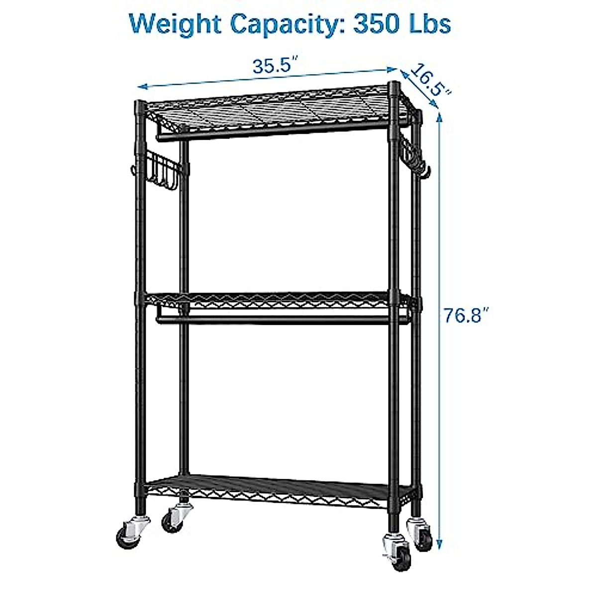 VIPEK V12 Medium Heavy Duty Rolling Garment Rack 3 Tiers Adjustable Clothes Rack with Double Rods & Hooks, Freestanding Wardrobe Closet Storage Rack Metal Clothing Rack for Hanging Clothes, Black