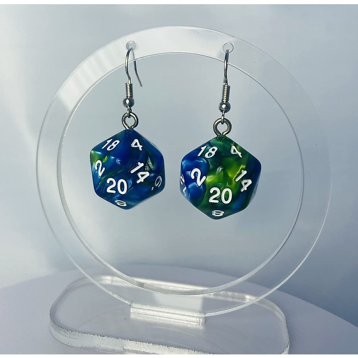 d20 / d10 Polyhedral Dice Earrings - Multicolored Pearlescent Swirl (d20 Blue-Green)