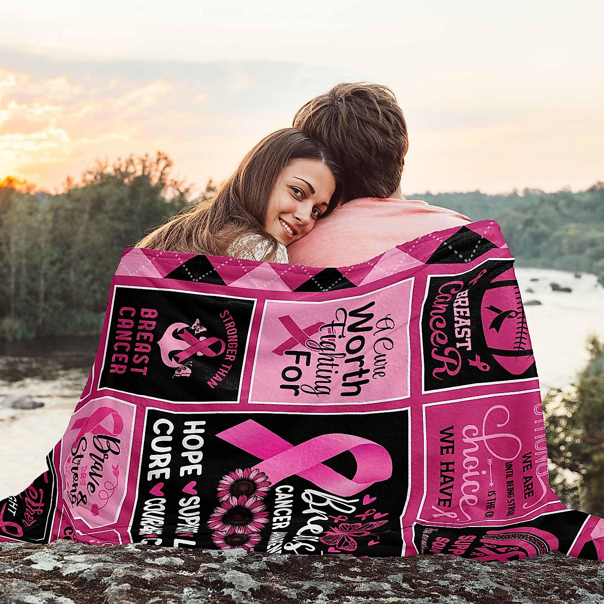 Breast Cancer Gifts for Woman Girl，Breast Cancer Survivor Gifts Ideas for Woman After Surgery, Breast Cancer Blanket 60" X 50", Breast Cancer Awareness Decorations, Pink Ribbon Breast Cancer Gifts