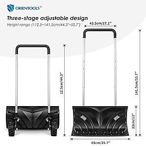 ORIENTOOLS Snow Shovel with Wheels, 26" Wide Blade with 6" Wheels and Adjustable Handle Efficient Snow Plow Shovel Snow Clean Tool for Driveway or Pavement