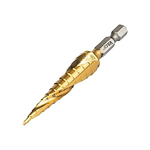 Klein Tools 25964 Step Drill Bit, 1/8 to 1/2-Inch, Spiral Double-Fluted, Cuts Thin Metal, Plastic, Aluminum, Wood, 1/4-Inch Hex Shank, VACO
