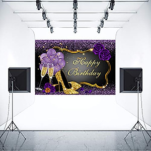 Aperturee 7x5FT Sweet Purple Happy Birthday Backdrop Rose Shiny Sequin High Heels Champagne Golden Frame Glasses Photography Background Party Decorations Adults Women Photo Booth Props Banner