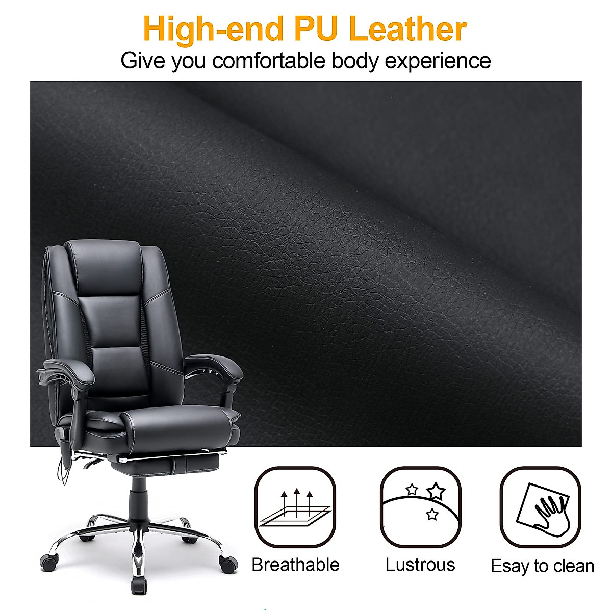 HOMREST Ergonomic Executive Office Chair, Massage Office Chair with Heated PU Leather Adjustable Height Reclining Office Chair with Foot Rest Armrest, Lumbar Back Support Home Office Desk Chairs