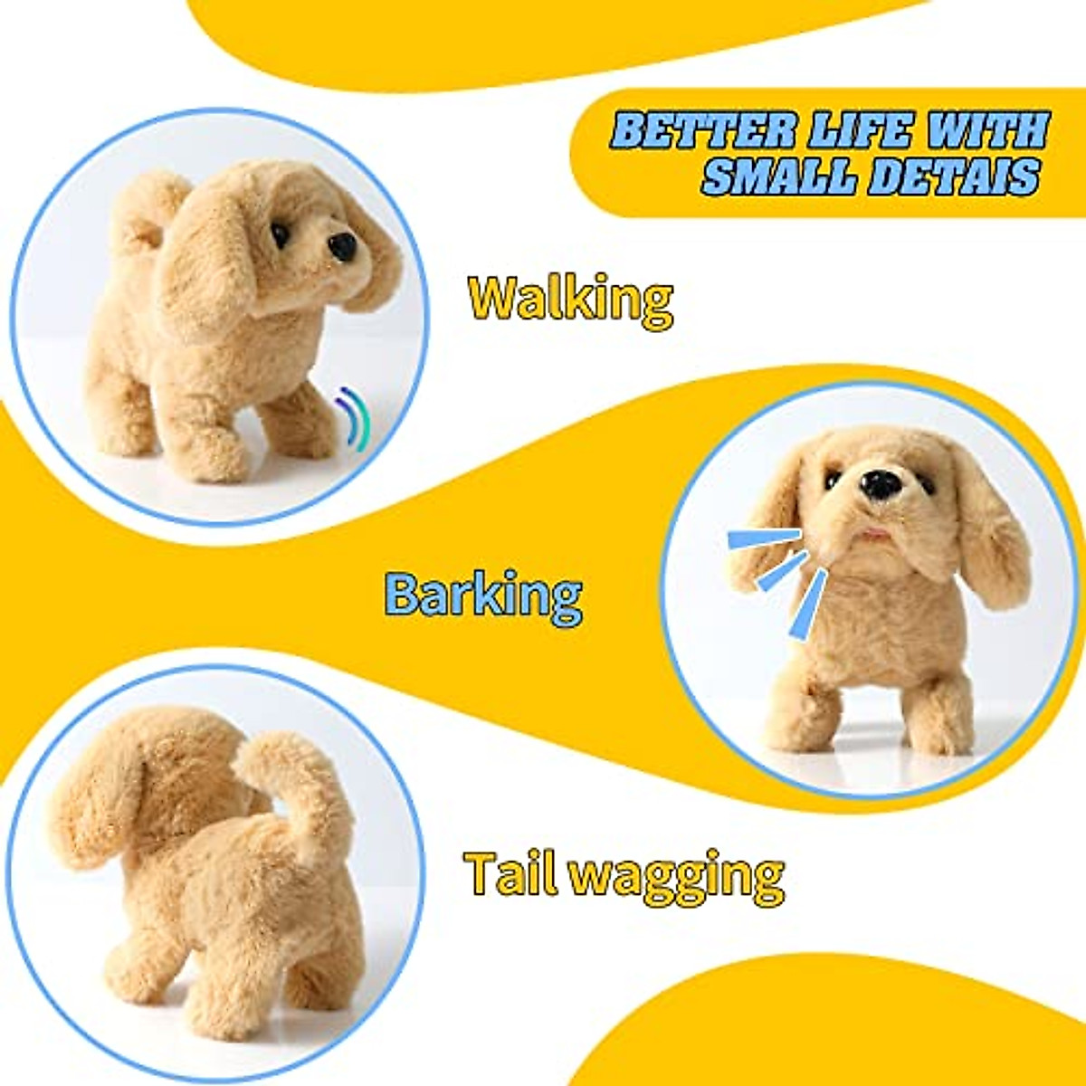 KSABVAIA Plush Golden Retriever Toy Puppy Electronic Interactive Dog - Walking, Barking, Tail Wagging, Stretching Companion Animal for Kids Toddlers (Golden Dog)