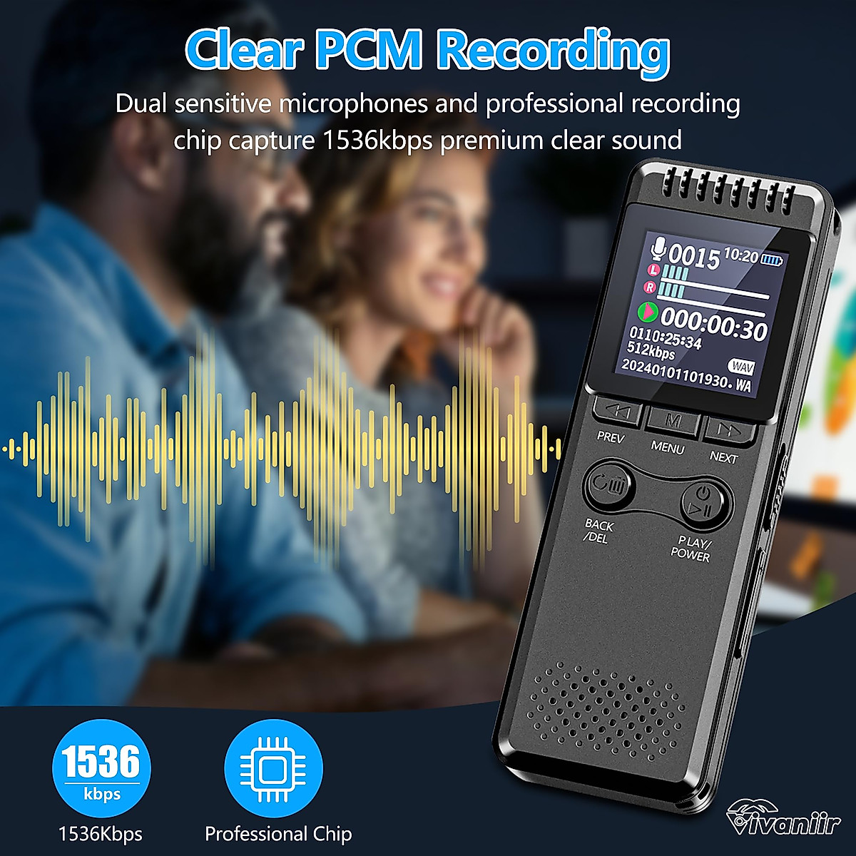 Vivaniir 64GB Digital Voice Recorder, 80 Hours Long-Lasting Battery 1100mAh, Voice Activated Recorder with Playback and Metal Casing, USB-C Audio Recorder for Lecture Meeting Interviews