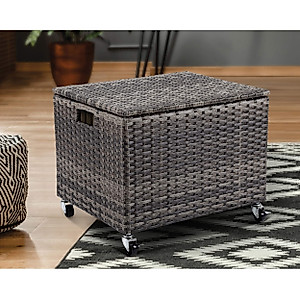 BIRDROCK HOME Rolling File Box - Storage Cabinet with Wheels - Weatherproof Rattan-Style Resin Deck Chest for Garden, Home and Office - Organize Cushions, Toys, and Accessories - Storage Box - Grey