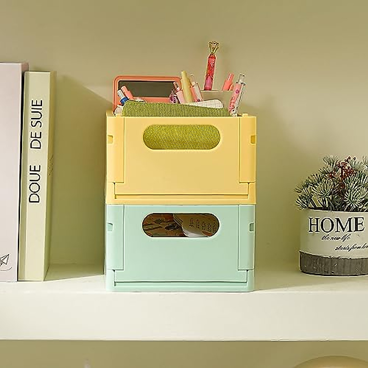 TRZZ 4-Pack Mini Storage Crates Organizer, Collapsible Plastic Storage Basket with Space-Saving Design, Stackable Cute Bin for Office & Home Bedroom, Bathroom and Kitchen Storage Decor. (6.5"4.8"2.9")