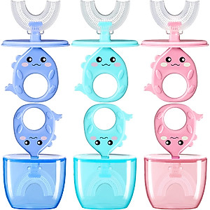 Baderke 3 Pieces Kids U Shaped Toothbrush Silicone Brush Head 360 Degree U Shaped Oral Cleaning Toothbrush with Cover Case Toddler Manual Training Tooth Brush Cute Cartoon Design for Ages 2-8