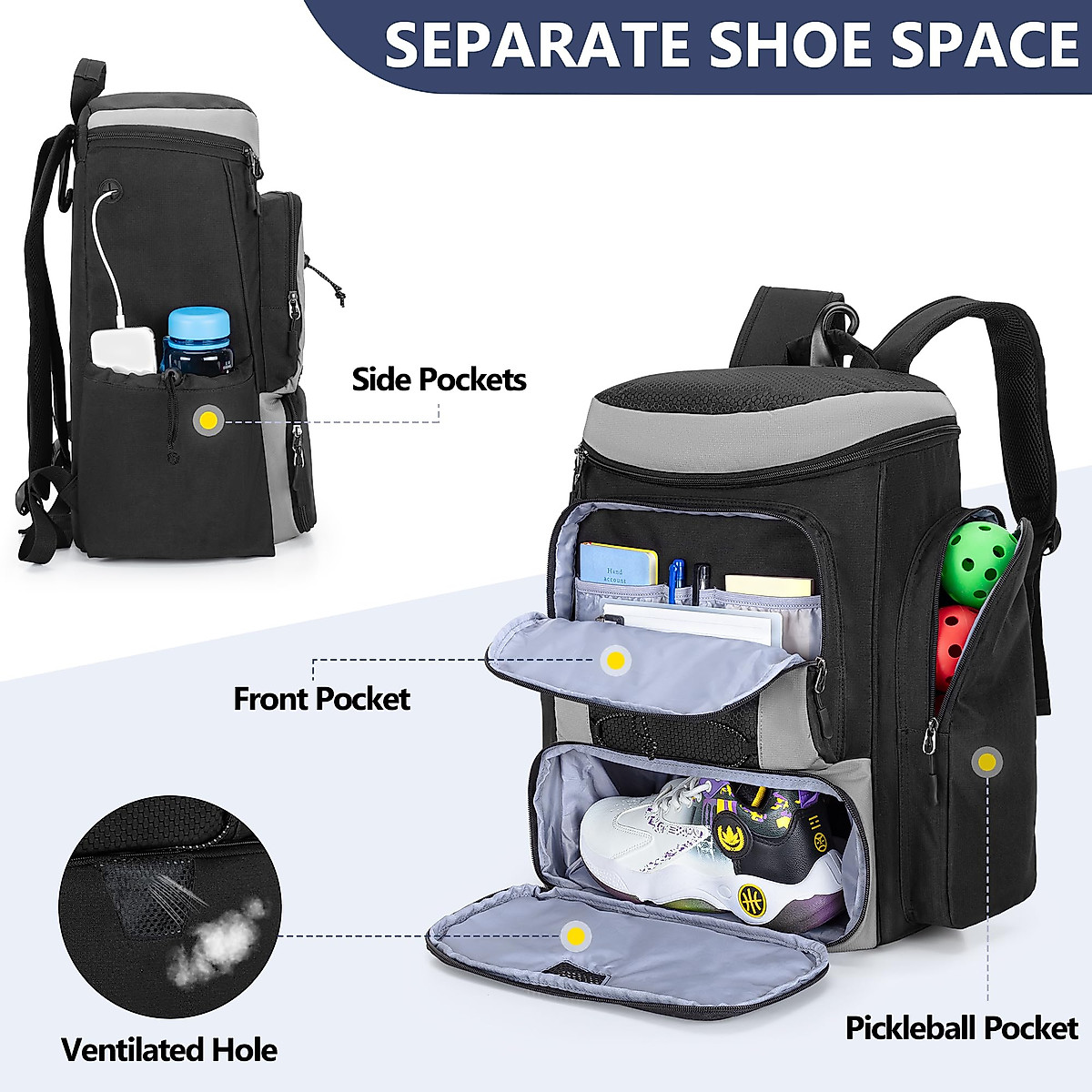 GOBUROS Pickleball Paddle Bag Backpack for 4 Rackets with Fence Hook, Pickleball Equipment Bag with Shoe Compartment for Men Women, Grey, Bag Only