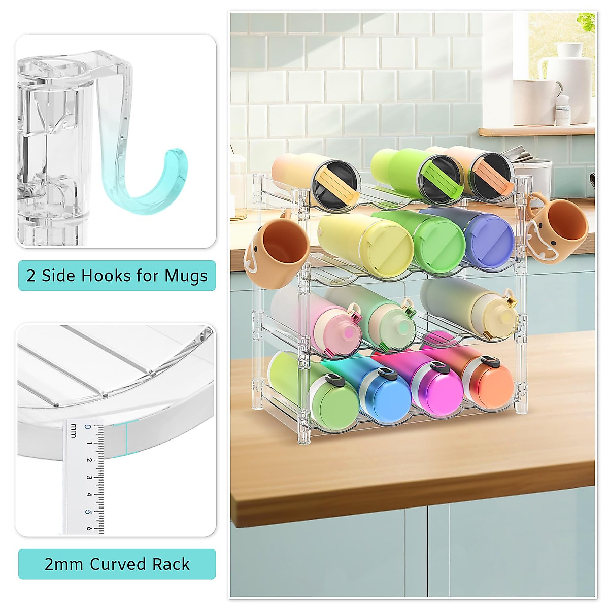 PouHenier.jh 4 Tier Large Water Bottle Rack Organizer for Cabinet, Stackable Tumbler Storage Organization Holder with 2 Hooks for Kitchen Countertop and Refrigerator, Compatible with 40 oz (Hold 16)