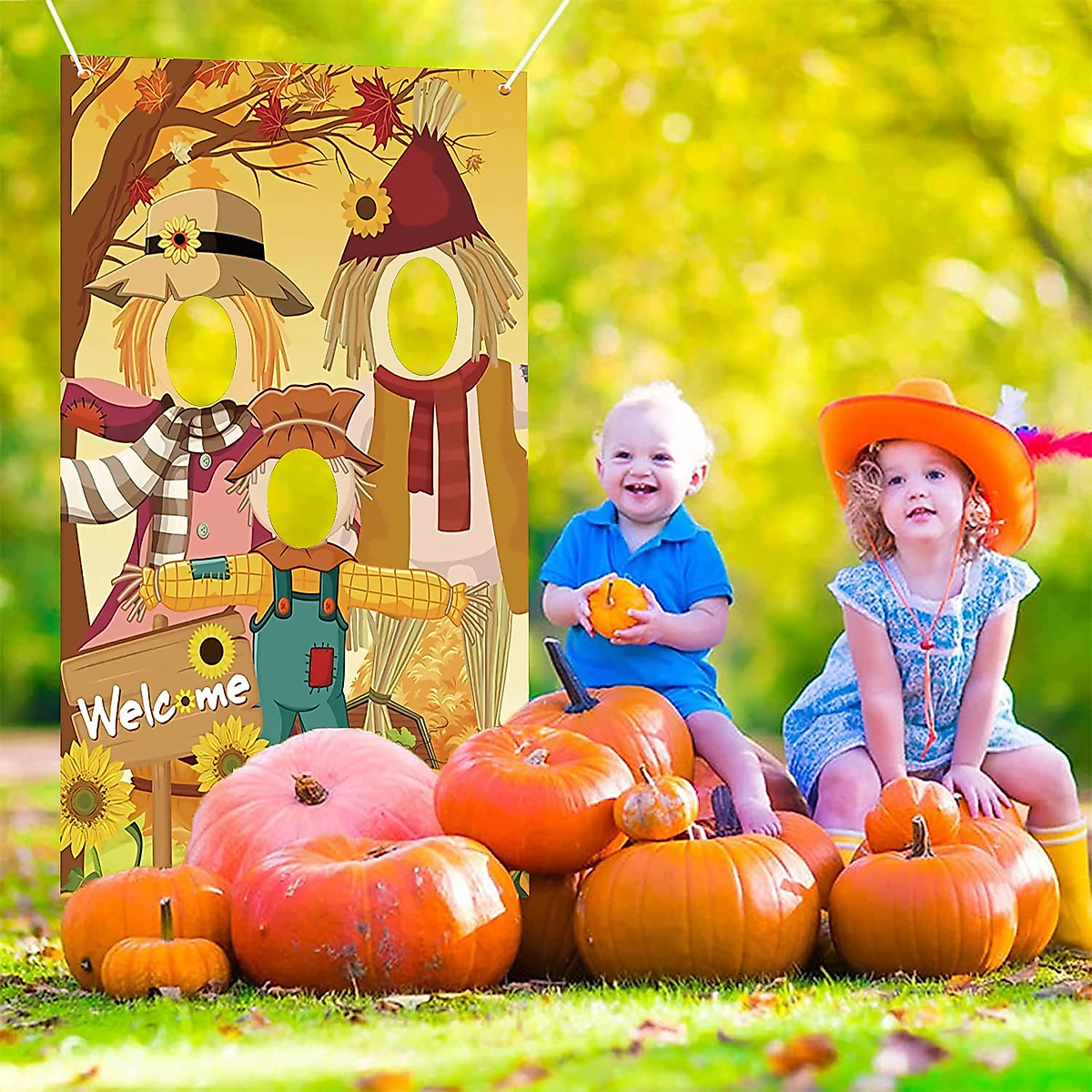 Thanksgiving Photography Backdrop Fall Thanksgiving Pumpkin Scarecrow Photo Background Autumn Harvest Decoration Children's Family Party Supplies with 6 m Rope (39in x 59in)