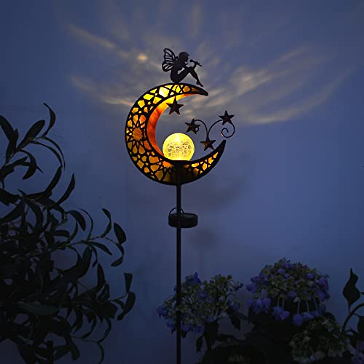 Cubular Moon Fairy Solar Garden Decor Lights,Crackle Glass Ball Pathway Stake Lights, Walkway Yard Lawn Patio Courtyard Decor Garden Outdoor Decorative Lights,Fairy Garden Decor (Moon Fairy)