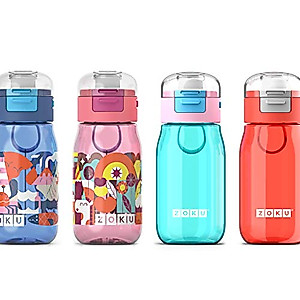 Zoku Kids Flip Gulp Bottle, 16 Ounce Lightweight Tritan Water Bottle with Leak-proof One-touch Locking Lid, Carry Loop, and Easy Flow Mouthpiece, Dishwasher Safe, Red