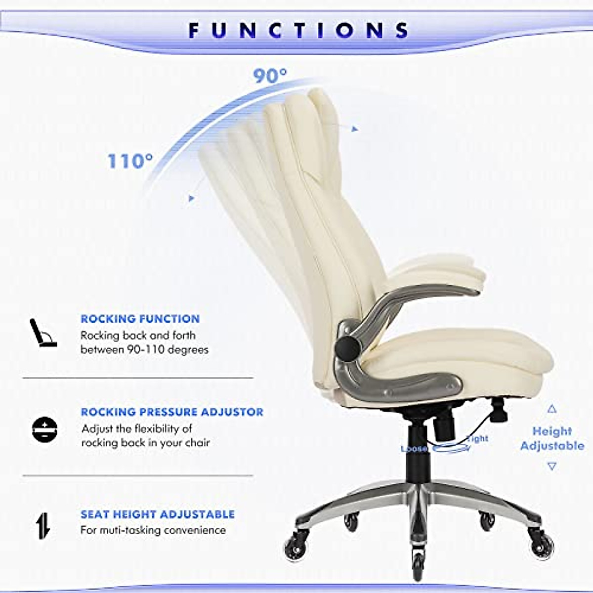 COLAMY 6686 High Back Executive Ergonomic Computer Desk Padded Flip-up Arms, Thick Bonded Soft Leather, Modern Office Chair with Upgraded Casters for Swivel Rolling (Ivory, 300lbs)