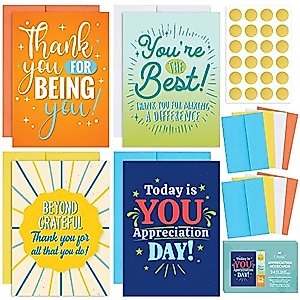 24 Appreciation Cards with Colorful Envelopes and Gold Stickers - Team Gifts, Teacher Gifts Bulk, Volunteer and Employee Appreciation Cards, Gratitude and Encouragement Cards - Boxed Set of Thank You