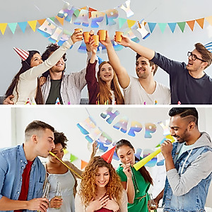 RUBFAC Pre-Strung Iridescent Happy Birthday Banner- NO DIY - Shiny Happy Birthday Banner Sign, Changeable Garland Bunting Banner for Birthday Party Decorations