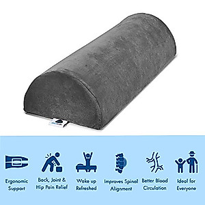 AllSett Health Large Half Moon Bolster Pillow for Legs, Knees, Lower Back and Head, Lumbar Support Pillow for Bed, Sleeping | Semi Roll for Ankle and Foot Comfort - Machine Washable Cover, Grey