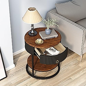OIOG Round End Table with Drawer, Modern Wood Side Table with Shelf, 2-Tier Nightstand with Drawer for Living Room, Bedroom, Rustic Brown and Black