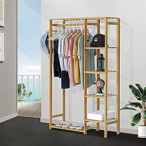 MoNiBloom Bamboo Garment Rack with Shelves 6 Tier Closet Coat Storage Organizer Clothes Hanging Rack with Pants Rack & Hooks for Bedroom Living Room Office Mudroom, Natural