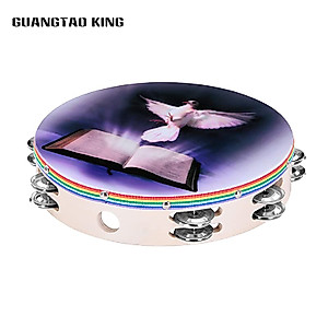 GuangTao king Tambourine 10 inch peace Dove Bible Double Row Handbell Clap Drum Tambourine for Pray Church Party Musical Instrument Zebra Sounds
