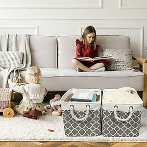 Cozyaver Storage Baskets for Shelves, 13'' x 13'' x 13'' Cube Organizing Closet Nursery Toy Decorative Linen Fabric Organizers with Cotton Handles, 3 Pack Grey Clover