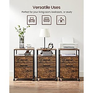 VASAGLE File Cabinet, Mobile Filing Cabinet with Wheels, 2 Drawers, Open Shelf, for A4, Letter Size, Hanging File Folders, Rustic Brown and Black UOFC71X