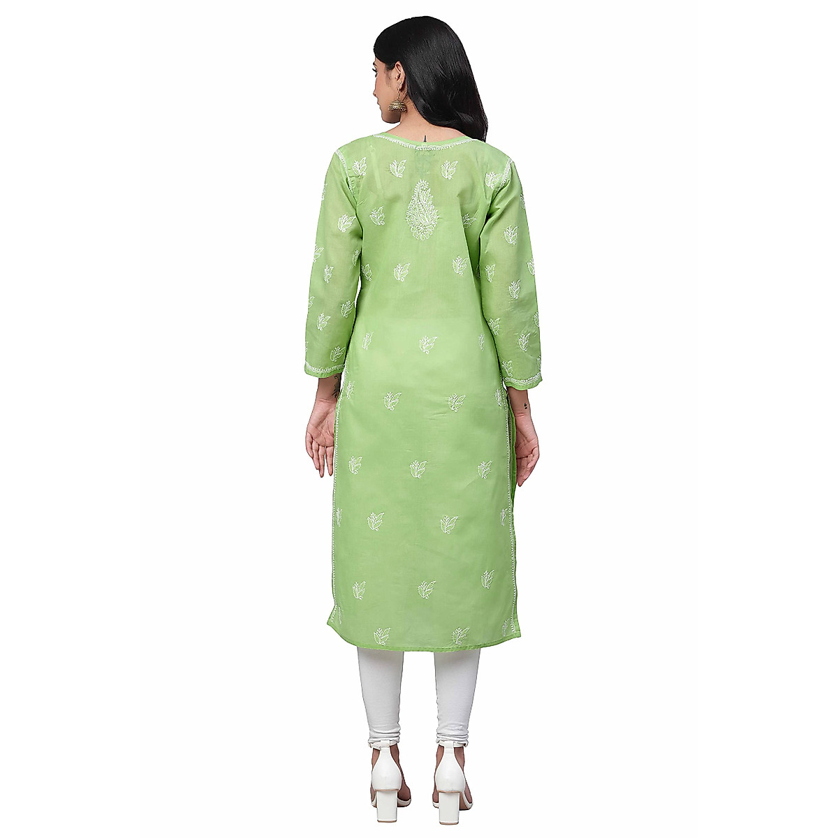 Ada Indian Hand Embroidered Chikankari Straight Cotton Kurta Kurti Tunic for Women A231437 (Green, Medium)