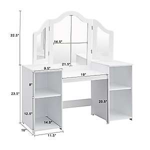 Kovhzcu 2 in 1 Princess Makeup Vanity Storage Cabinet with Detachable Top, Girls Vanity Set with Tri-fold Mirror, Age 3-9 (White)