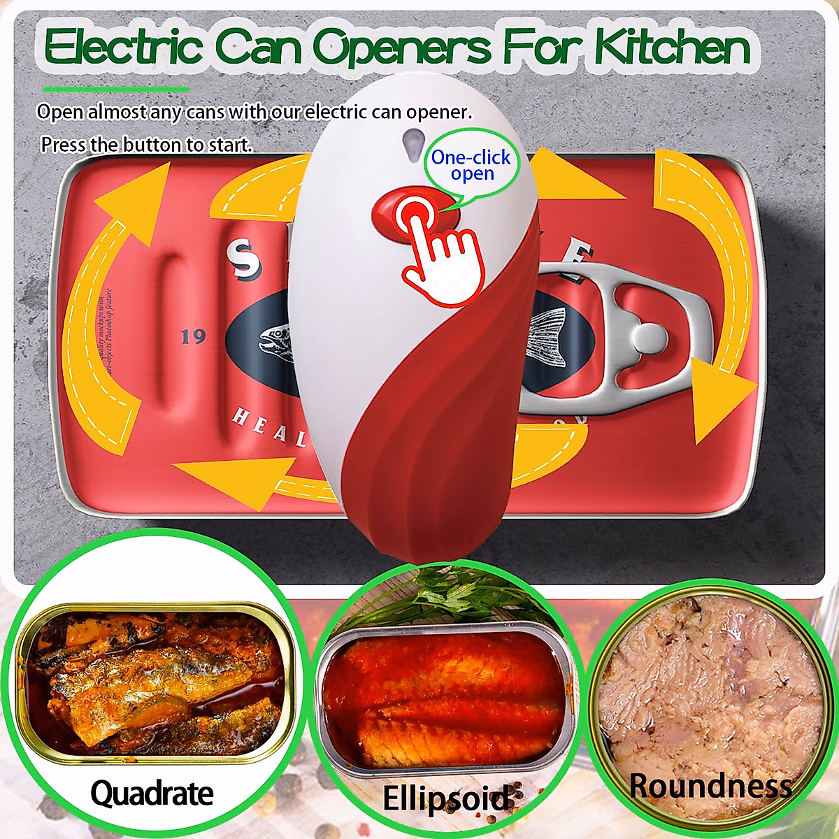 VEMJO Electric Can Opener For Kitchen One Touch Start Hands Free Automatic Can Opener Electric for Almost Cans Battery Operated Can Opener For Seniors and Arthritis Smooth Edge Food-Safe (Red), Small