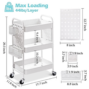TOOLF 3-Tier Rolling Cart, Metal Utility Storage Cart with DIY Pegboards, Art Craft Trolley with Baskets Hooks, Organizer Serving Cart Easy Assemble for Office, Home, Kitchen, Classroom, White