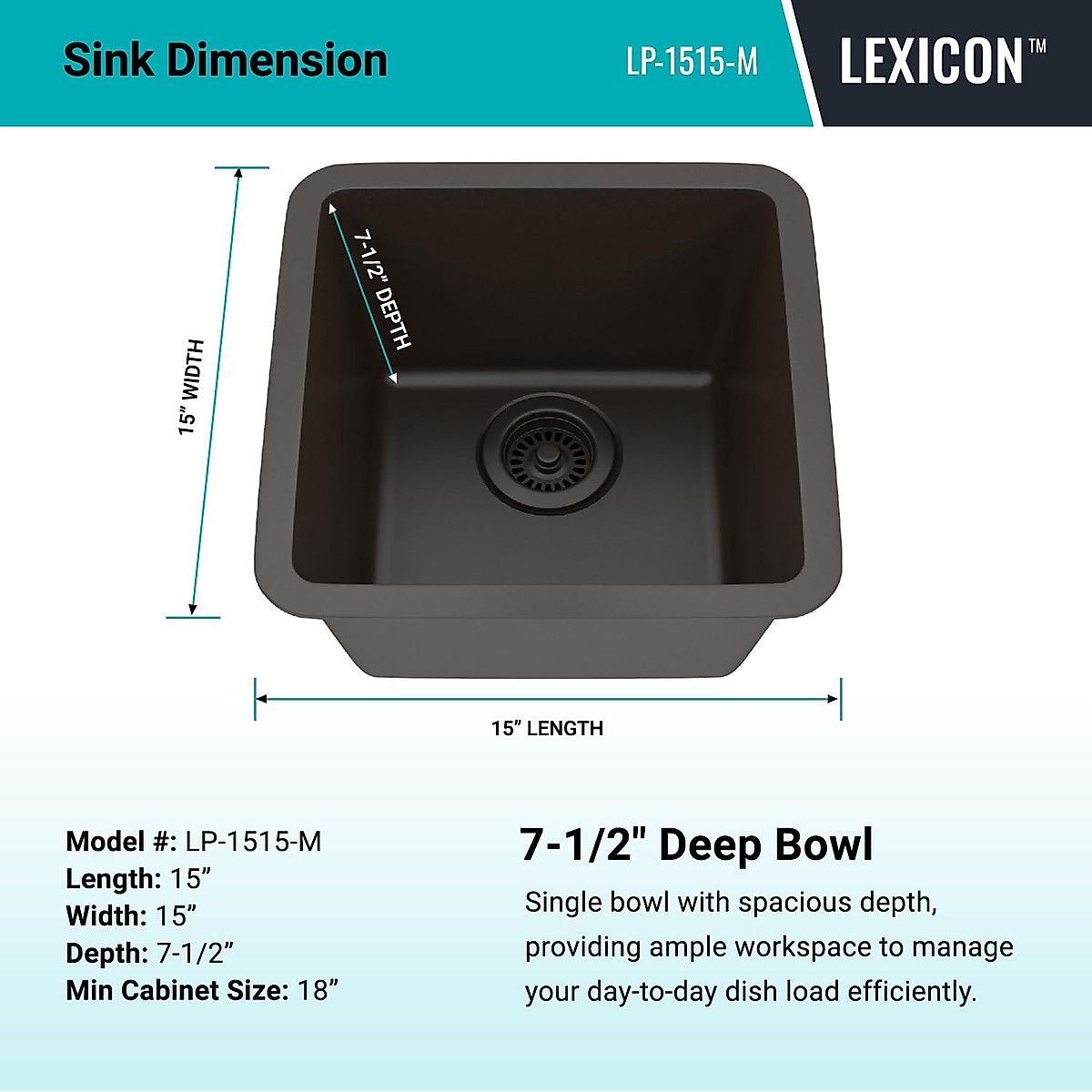 15" x 15" Quartz Kitchen Sink, Single Bowl Kitchen Sinks, Drop in Kitchen Sink, Granite Composite Kitchen Sink, Undermount Sink, Galaxy Mocha Kitchen Sink, Includes Grid, Strainer, Flange, LP-1515-M