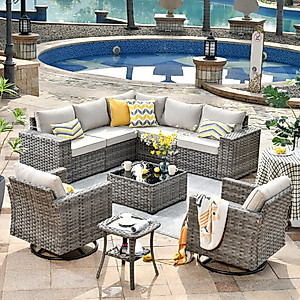 XIZZI Patio Furniture Sets Outdoor Sectional Sofa Swivel Rocking Chairs 9 PCS All Weather PE Wicker Conversation Couch and Matching Side Table,Beige