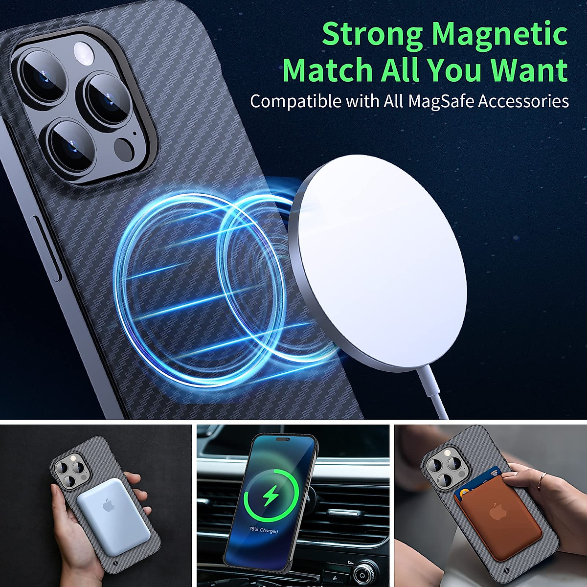 GRECAZO Magnetic Ultra-Thin Frosted Soft Touch Skin Borderless Carbon Fiber Bump Texture for iPhone 13 Pro Max Case 6.7" Slim Minimalist Lightweight Frameless Matte Hard for MagSafe Cover Case-Black