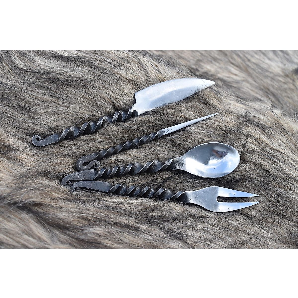 Viking Traders Hand Forged Twisted Medieval Eating Utensil Set | Functional Fork Knife Spoon And Food Stick | Medieval Eating Set, With Genuine Leather Carrying Pouch - Set 4