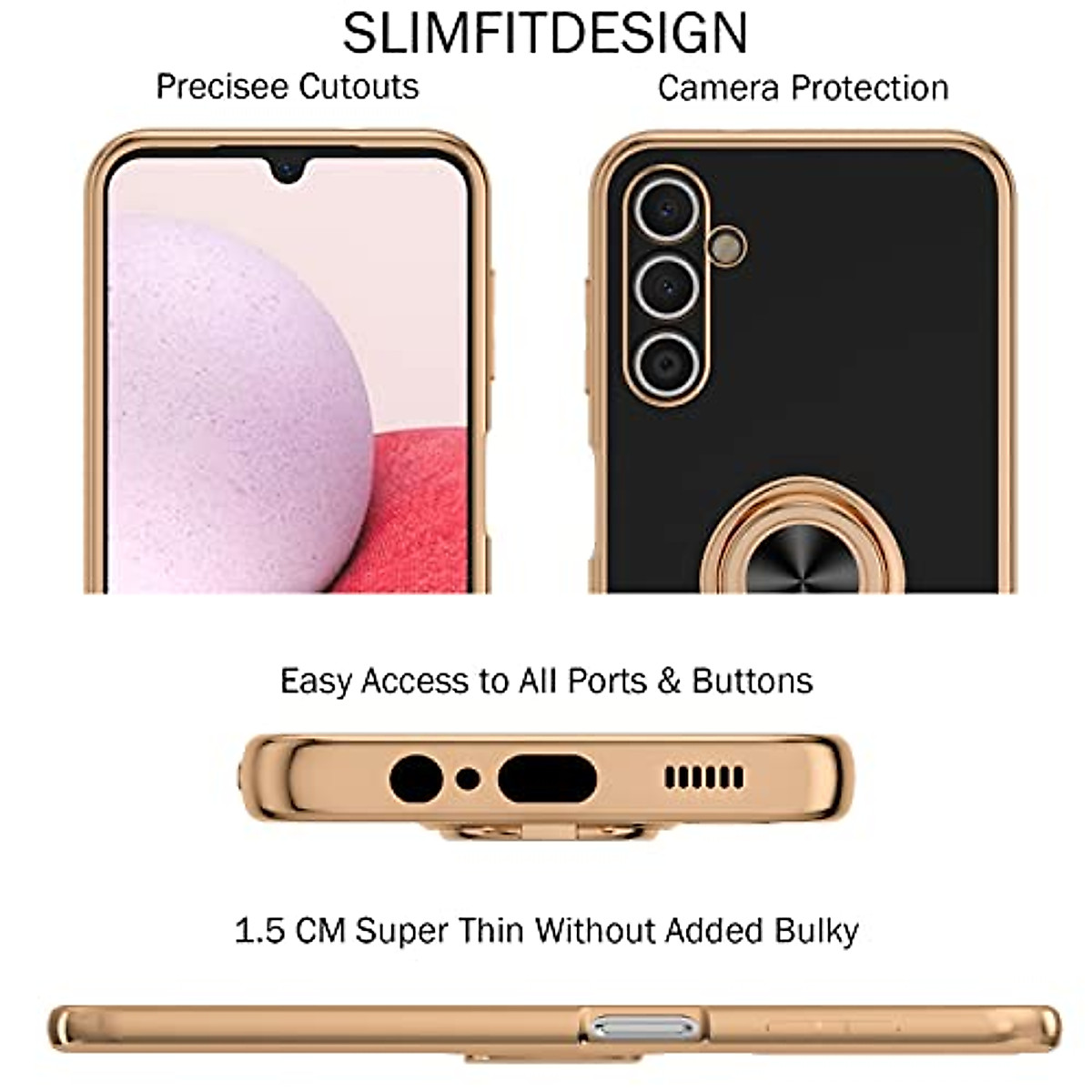 Jasmeas Case Compatible with Samsung Galaxy A14 5G with 2 Screen Protector, with Ring Holder Plating Rose Gold Edge 360° Kickstand Cover Slim Soft Flexible TPU Protective Phone Cases for Women-Black
