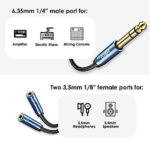 MillSO 6.35mm 1/4 Male to Dual 3.5mm 1/8 Female Headphone Adapter, TRS Stereo Sapphire Blue & Gold-Plated Audio Splitter for Amplifiers, Guitar Amp, Keyboard Piano, Home Theater, Mixer - 12 inch