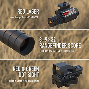 PINTY Rifle Scope Red Dot Laser Combo — 4in1 Gun Set: 3-9x32 Illuminated Hunting Scope, Green or Red Dot, Red Laser Sight, Pic Riser Mount — Tactical Scope and Laser for Shooting Airsoft More, Black