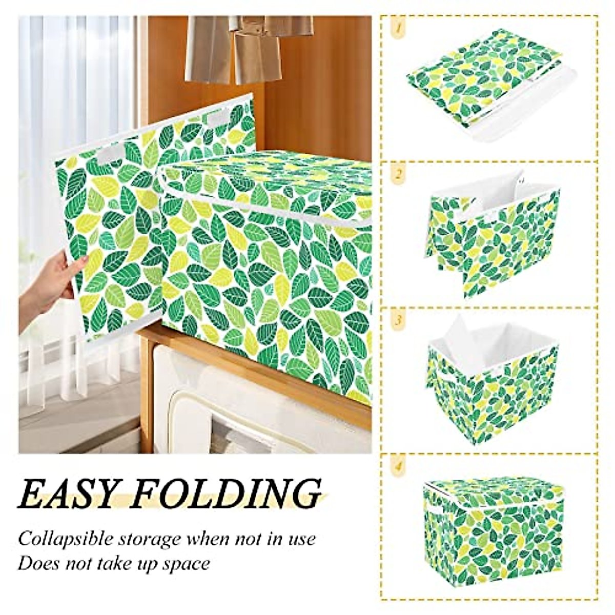 CaTaKu Abstract Leaf Storage Bins with Lids and Handles, Fabric Large Storage Container Cube Basket with Lid Decorative Storage Boxes for Organizing Clothes