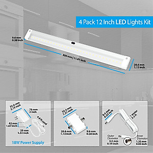 EShine Hand Wave Activated Under Cabinet LED Lighting Kit, Dimmable, 4-Pack 12 in - Touchless Dimming Control, White Under Counter Lights for Kitchen, Garage, Office, Desk - Cool White (6000K)