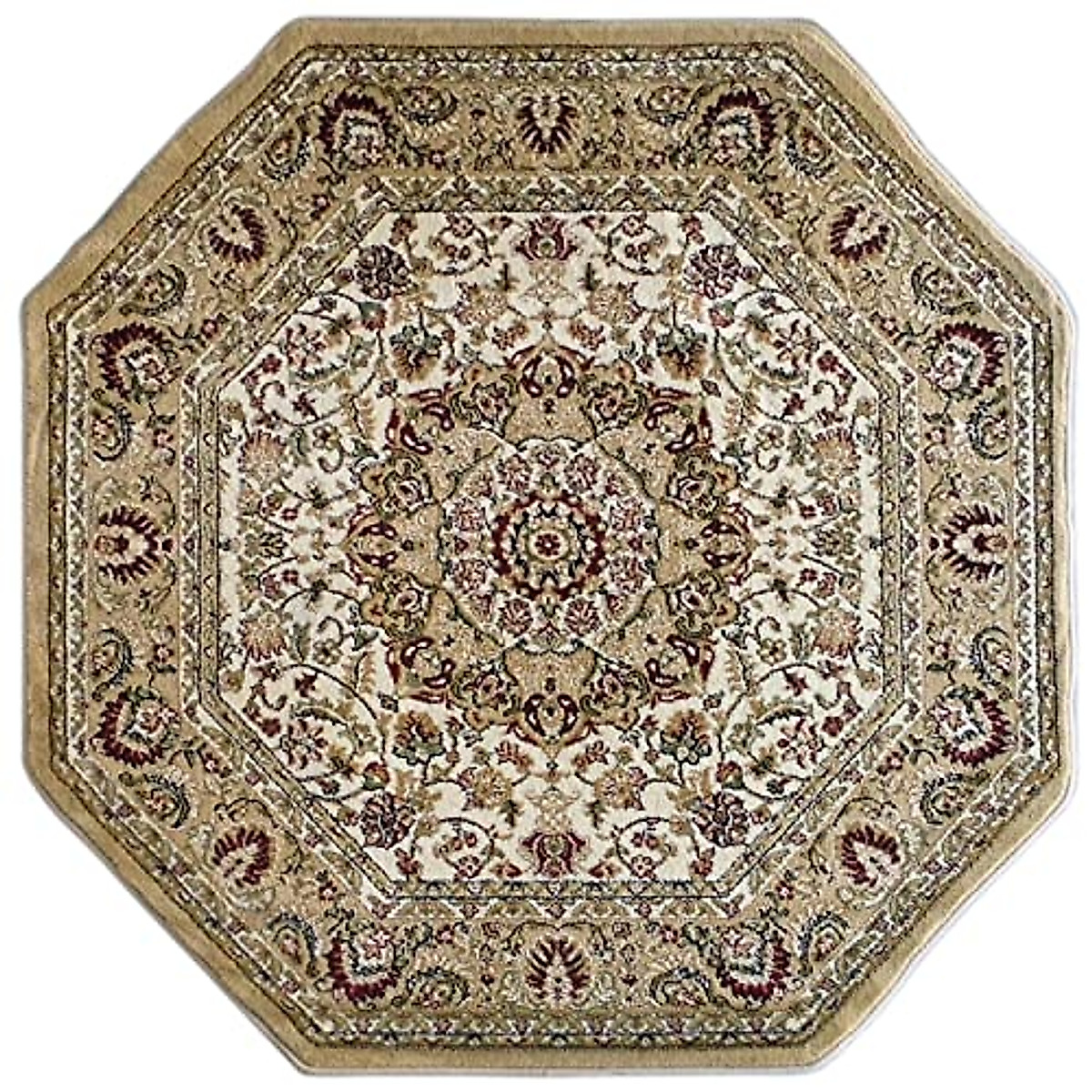 Merrick Lane Traditional Maidon 4' x 4' Persian Style Floral Medallion Motif Octagon Olefin Area Rug with Jute Backing in Ivory
