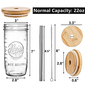 Peohud 4 Pack Mason Jars Cups with Lids and Straws, 22 Oz Reusable Smoothie Bubble Tea Cups, Wide Mouth Mason Jar Drinking Glasses Tumbler with Bamboo Lids for Juice Coffee Cocktail Milkshake
