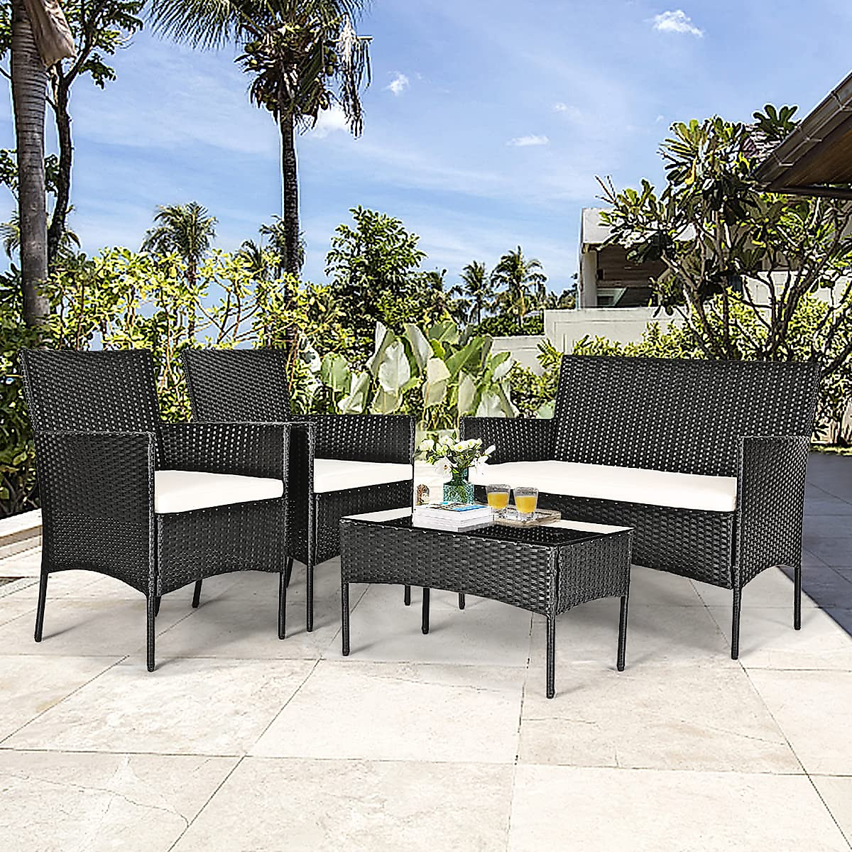 HAPPYGRILL 4PCS Patio Furniture Set Rattan Wicker Conversation Set Outdoor Patio Table Chair Set Wicker Sofas and Coffee Table Set for Garden Lawn Poolside