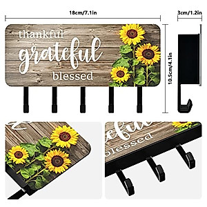 Autumn Fall Sunflowers Wooden Key Holder for Wall Key Hanger with 5 Key Hooks Key Rack Organizer Key and Mail Holder for Wall Decorative Entryway Farmhouse Mudroom Kitchen Home Office Grateful