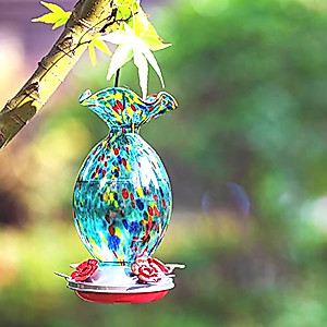 LaElvish Garden Hummingbird Feeder, 32OZ Hand Blown Glass Hummingbird Feeders for Outdoors Hanging, Built-in Ant Moat Wild Humming Bird Feeders, Yard Garden Gifts Decor (Merry)