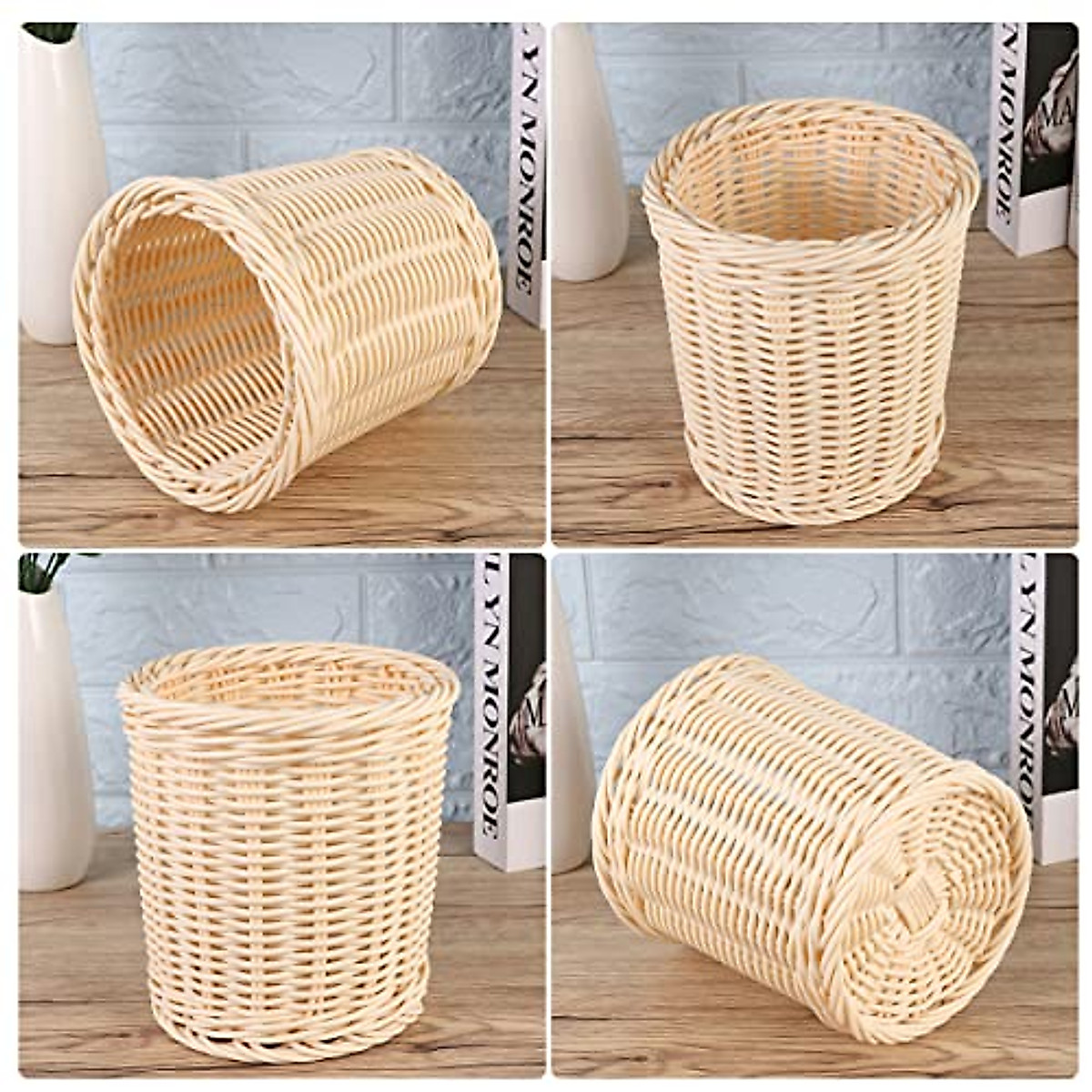 Zerodeko Woven Storage Baskets Round Rattan Waste Basket Woven Trash Can Paper Waste Basket Straw Wicker Sundries Storage Basket Garbage Container Bin for Bathroom Kitchen Beige Woven Baskets