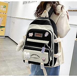 SHINsuke 5Pcs Kawaii Cute Backpacks Combo Set with Bear Pendant Pins Back To School Supplies Anime Canvas Schoolbag Daypack Bag Kit (Black)