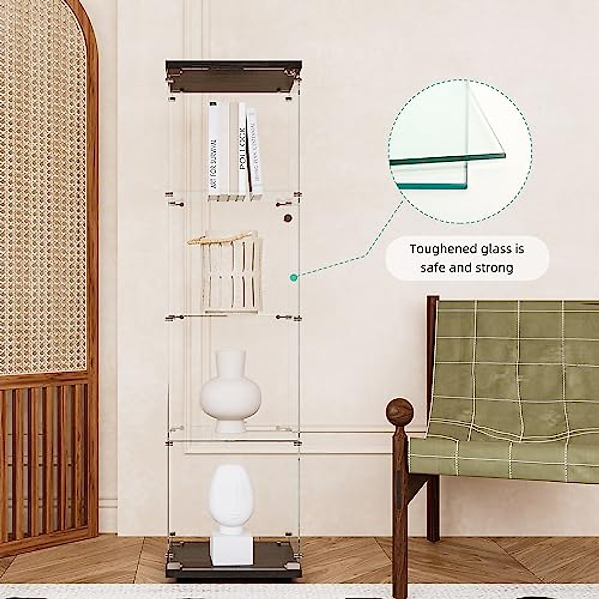 FLYMUHJIA Curio Cabinet Glass Display Case for Collectibles with Door, 4 Display Shelves Showcase, 64.2”Hx16.9''Lx 14.6''W Black