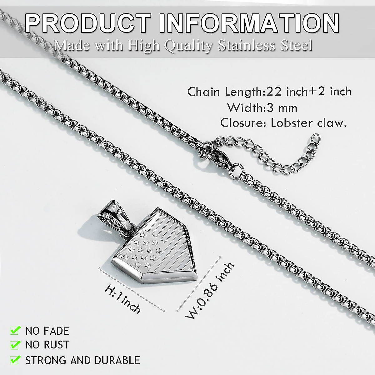 ZRAY USA Flag Baseball Plate Necklace for Men Personalized Bible Verse Shield Pendant Stainless Steel Chain 22+2 inch Inspirational Baseball Sport Gift Patriotic Jewelry for Men（S-ALWAYS REMEMBER）