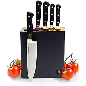 Black and Gold Knife Set with Block - 6 PC Luxe Gold Kitchen Knife Set with Block Self Sharpening - Modern Knife Set with Self Sharpening Knife Block Set - Black and Gold Kitchen Accessories
